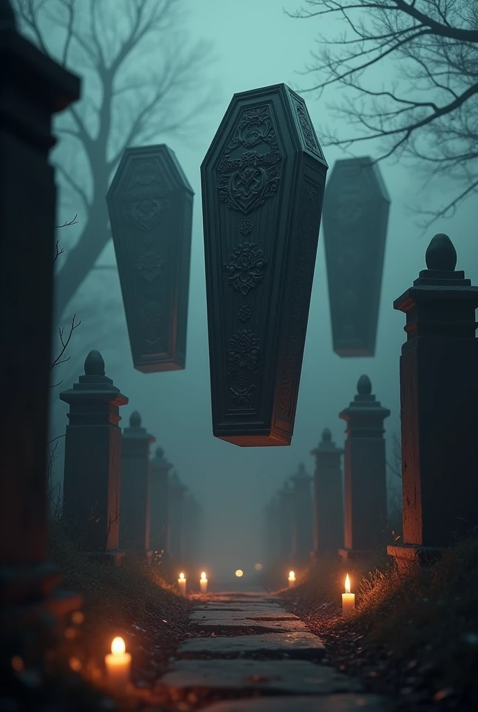 Work of art, a coffin floating upright in a dark cemetery with lit ...