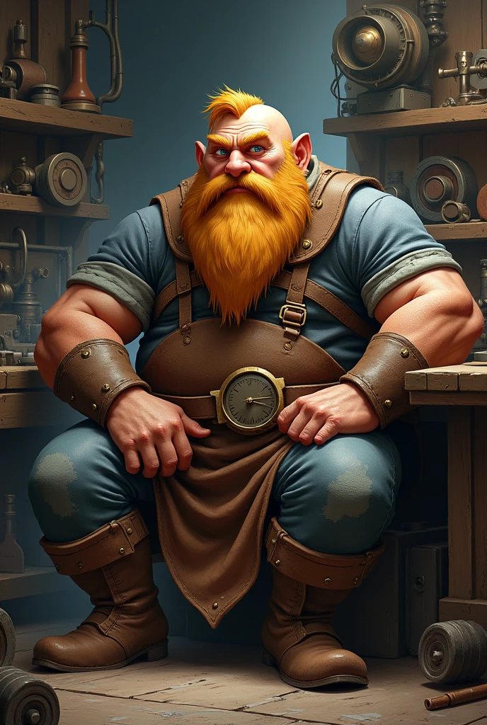 Dibujo de un enano ingeniero, Barba dorada, fuerte, blue eyes - SeaArt AI