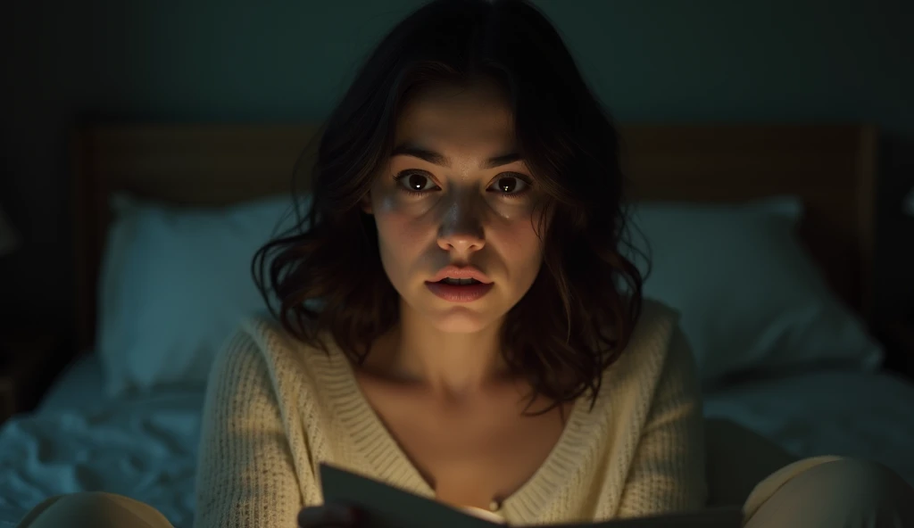 The young woman reads one of the letters, her face pale with shock as ...