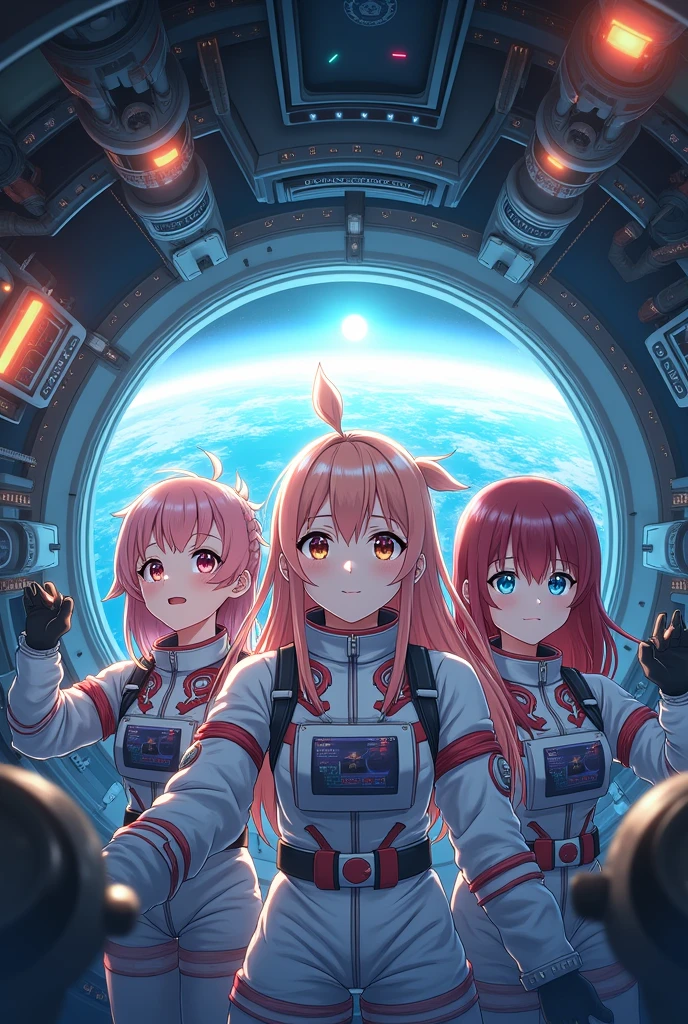 3 anime girls going to the moon in a realistic rocket - SeaArt AI
