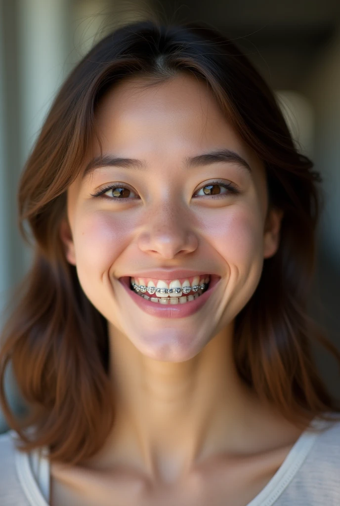A real brunette woman, wearing braces and smiling with white teeth ...