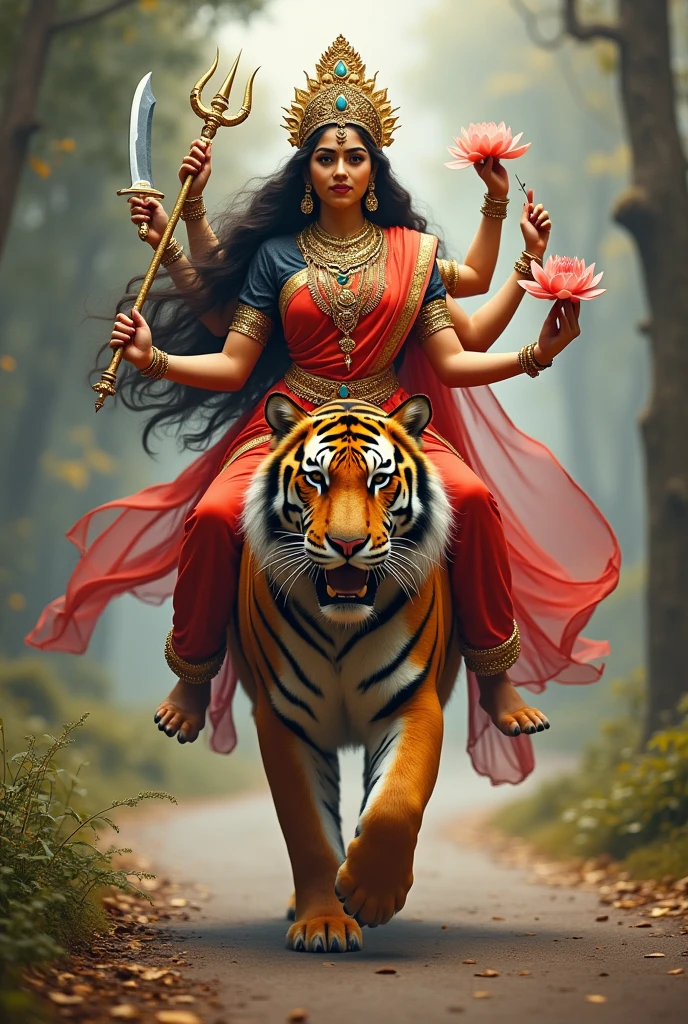 Durga is mounted on a big tiger and walks on the road. And Durga is ...