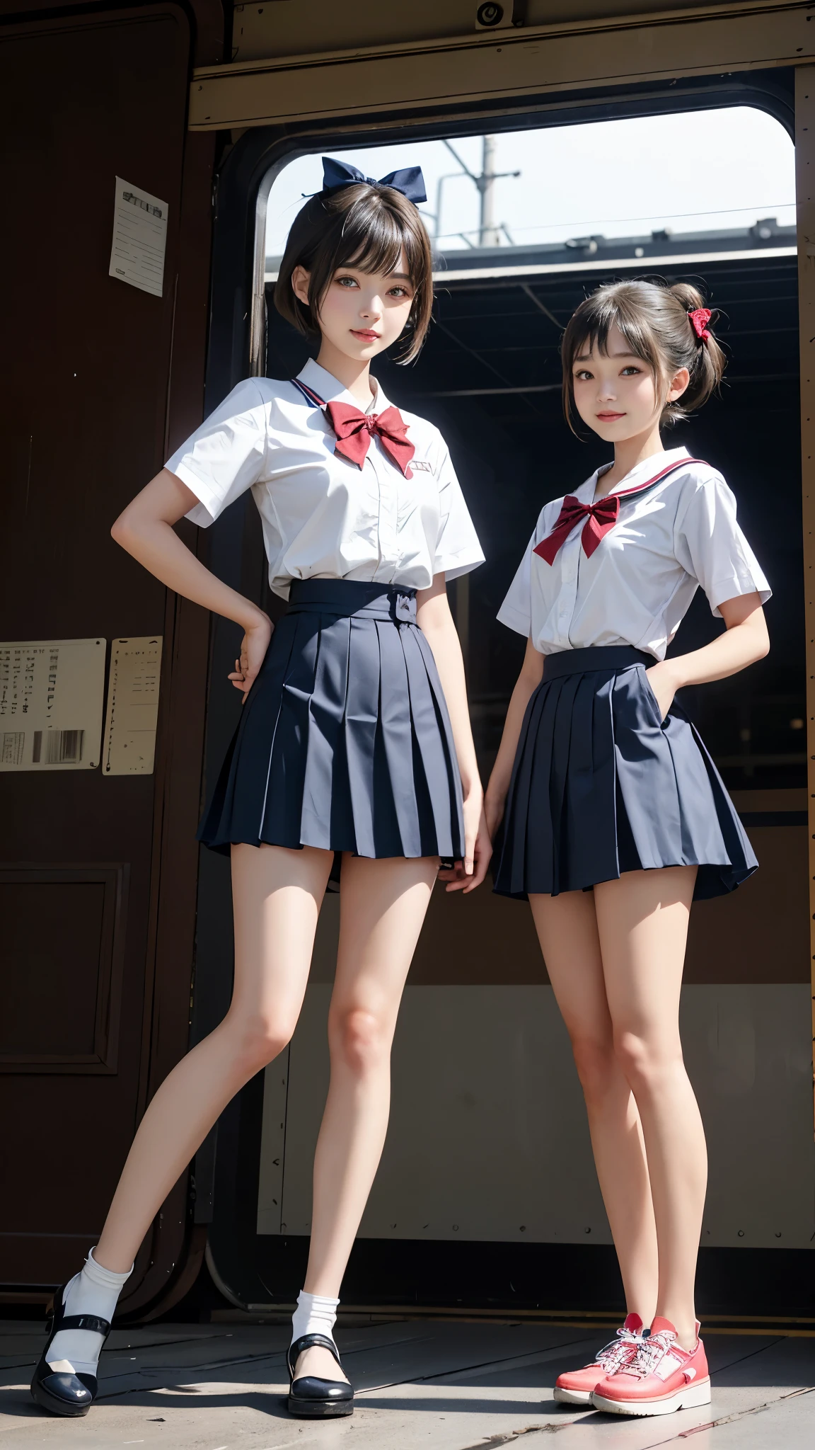 Two asian girls in school uniforms standing in front of a train - SeaArt AI