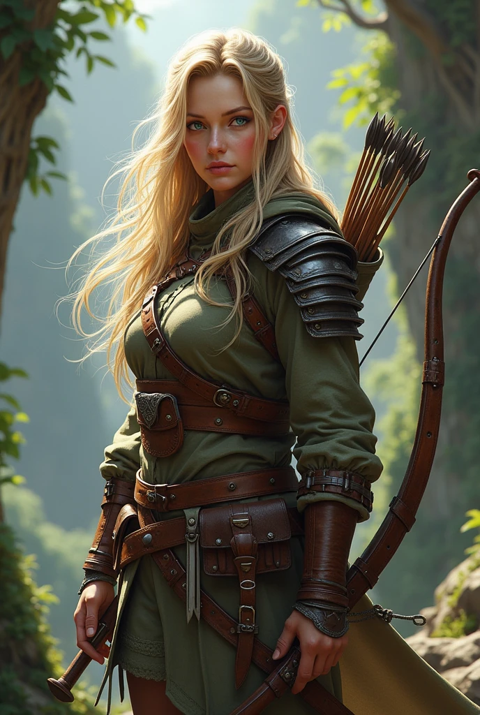 A female human ranger with long, flowing blonde hair and striking blue ...