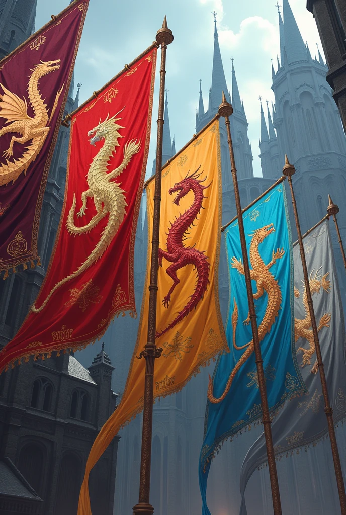 Nine flags of a dragon academy with different designs and different ...