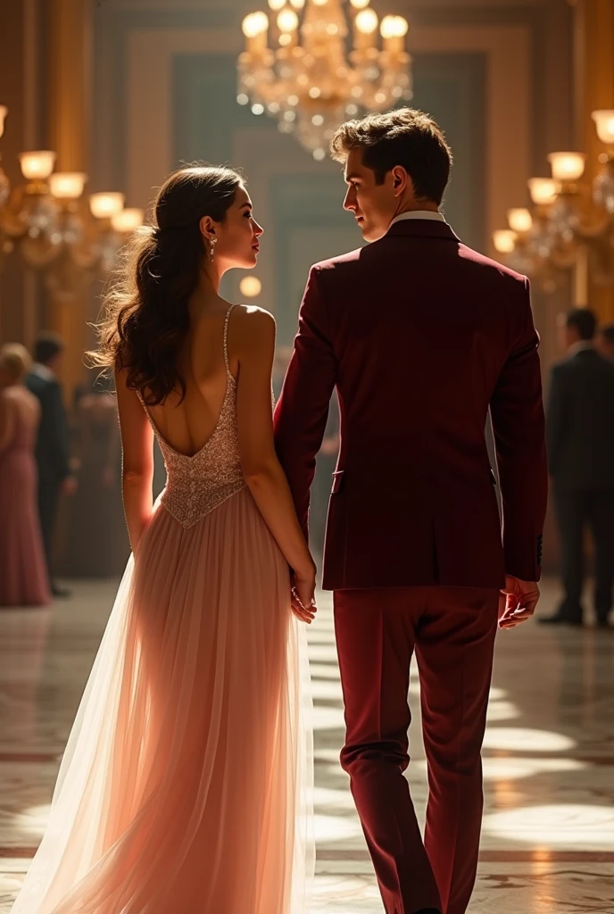 A 1 girl in a pale pink dress walking alongside a 1 boy in a wine ...