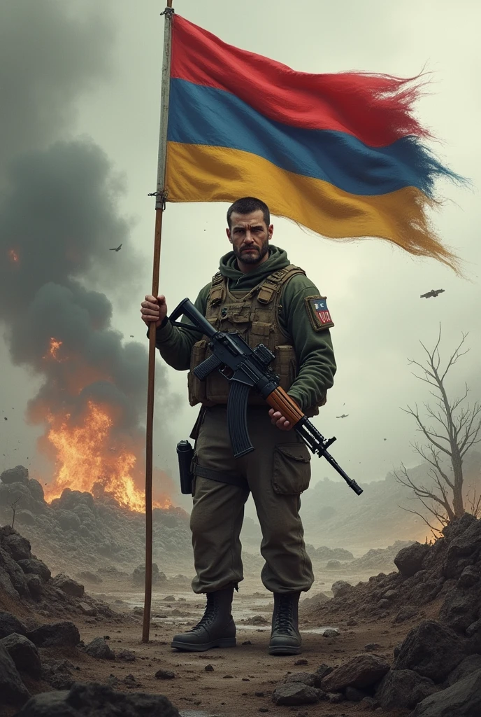 Man with a weapon on the battlefield flag of Karabakh - SeaArt AI