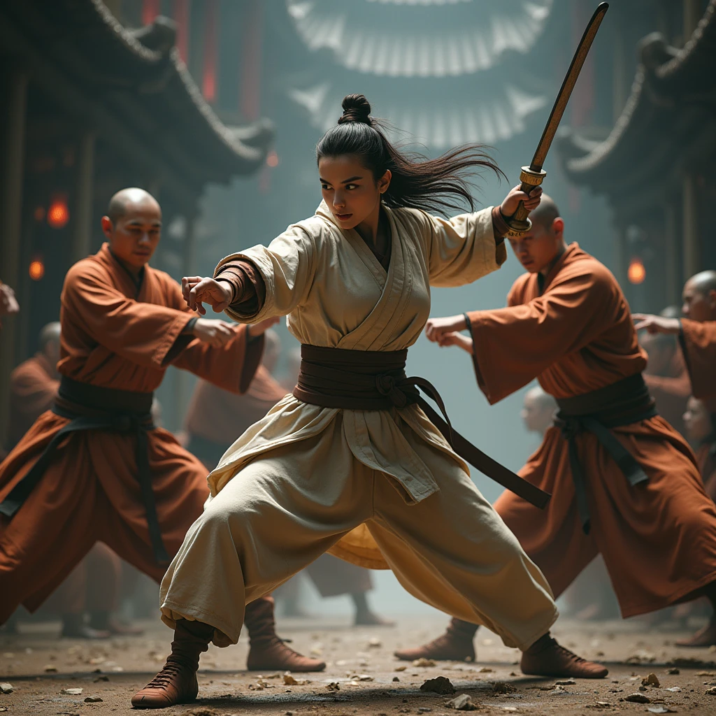 A female drunken fighter fighting multiple opponents。Monk means a monk ...