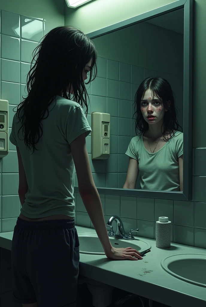 Illustration: A sickly, haggard girl looks at herself in the mirror in ...
