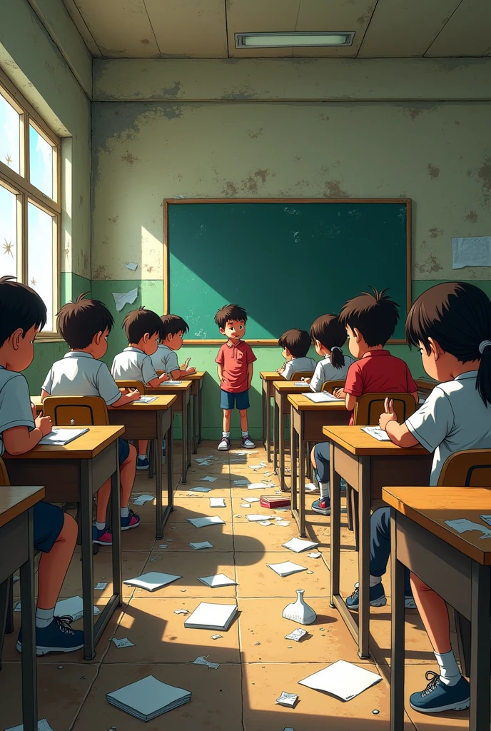 A classroom in poor condition animated, with torn folders and the ...