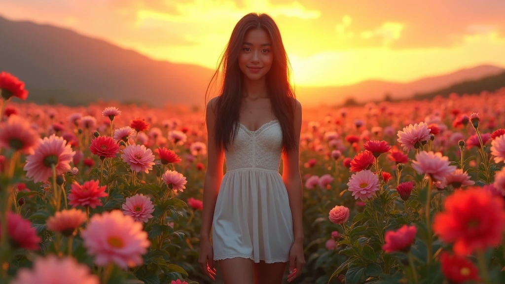 Field of flowers with a sunset in the background, field of flowers ...
