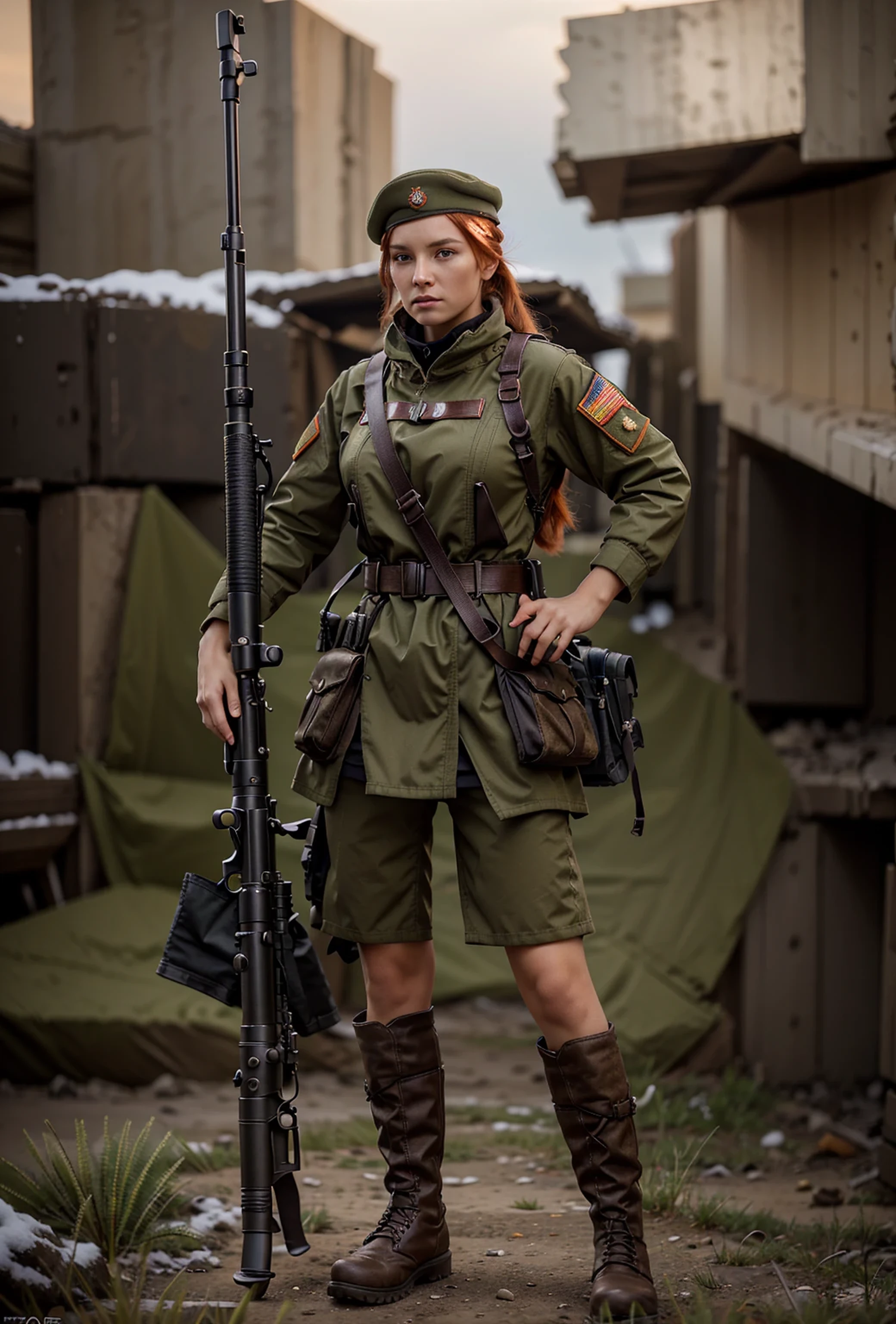 Araffe woman in uniform with rifle and rifle standing in front of a ...