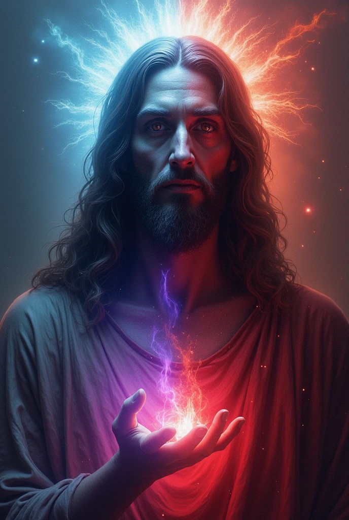 Jesus with blue aura above, red aura below, purple aura in the middle ...