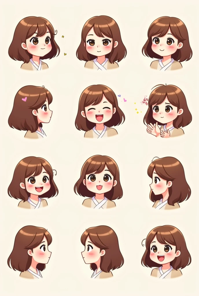 Create emotes of a kawaii girl with brown hair and a full-body woman ...