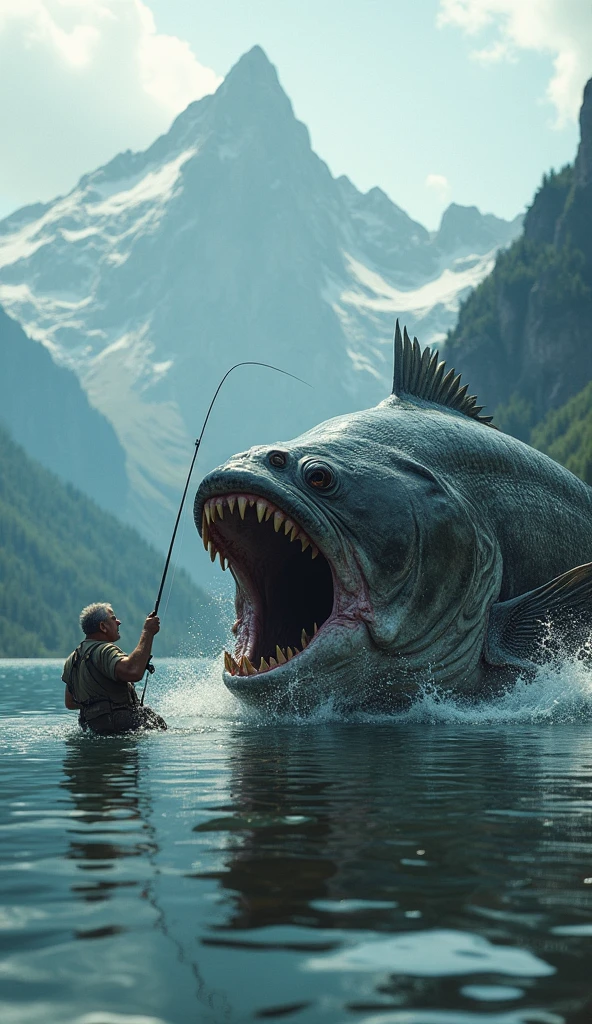 A fisherman catching a giant monstrous fish on a boat in the middle of ...