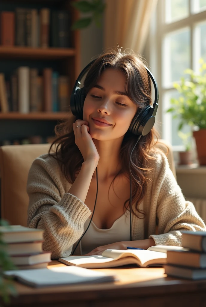 Relaxed woman listening to music while studying - SeaArt AI