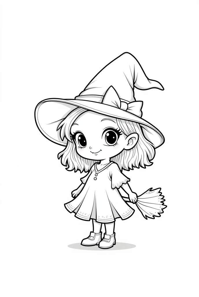 Spooky cute little halloween witch , 3d line art style , for colour ...