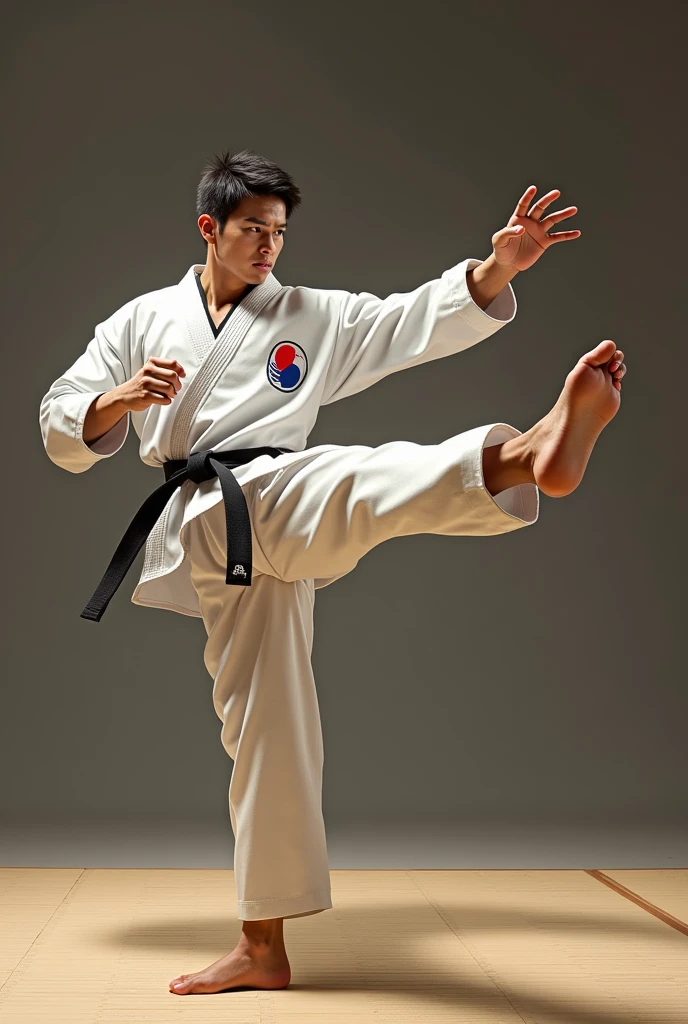Realistic ITF taekwondo fighter doing dollyo chagy kicks on tatami ...