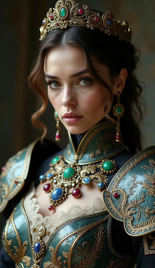 A woman in Orichalcum Victorian baroque plate armor. Embroidery - SeaArt AI