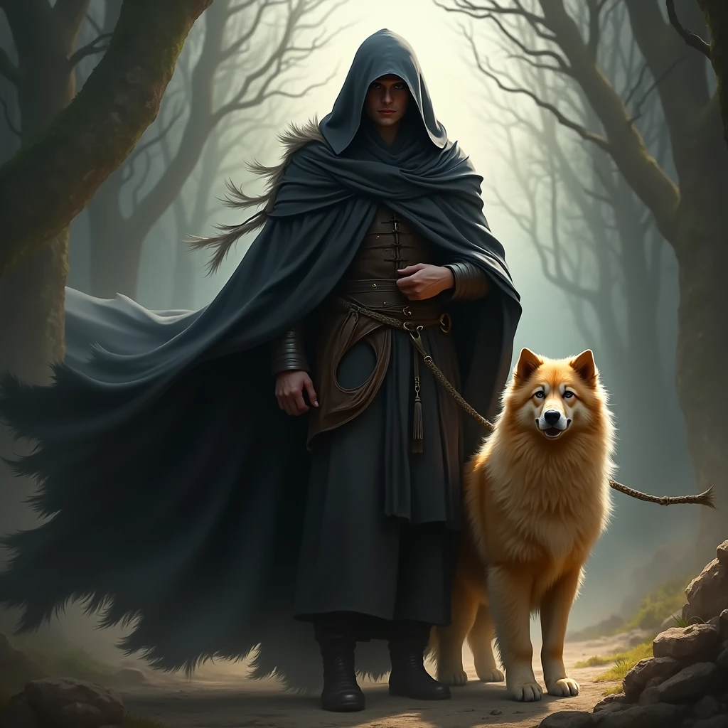 "dnd, bard, dog, hooded, alone, golden fur, black cape, furry - SeaArt AI