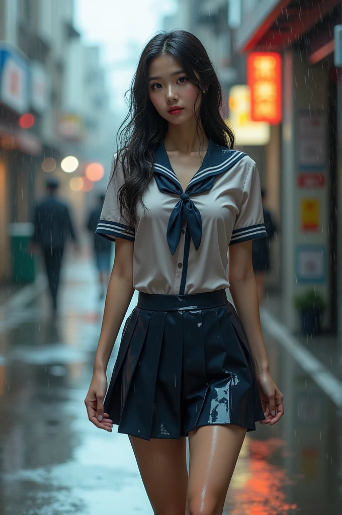 A girl with a delicate face, a sexy body and a wet school uniform is ...