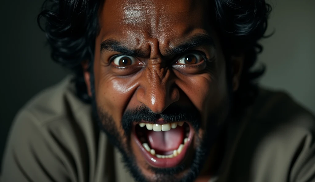 A close up of Indian guy Tushar’s terrified face, with wide - SeaArt AI