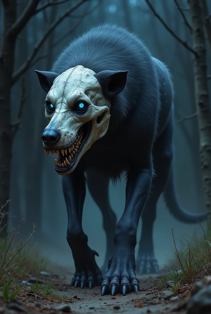 DnD style rustic grey and black hound wolf like beast with a skull ...