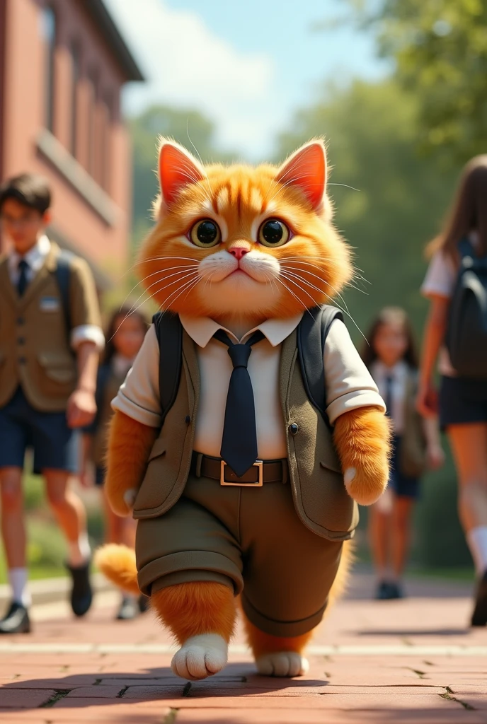 An orange realistic fluppy cat is with school uniform, going to school ...