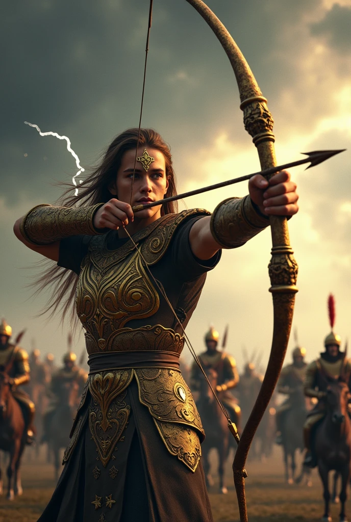Create a highly detailed fantasy warrior scene featuring a young man ...