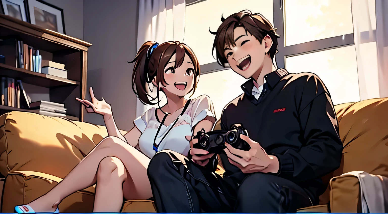 Anime couple sitting on a couch holding a video game controller - SeaArt AI