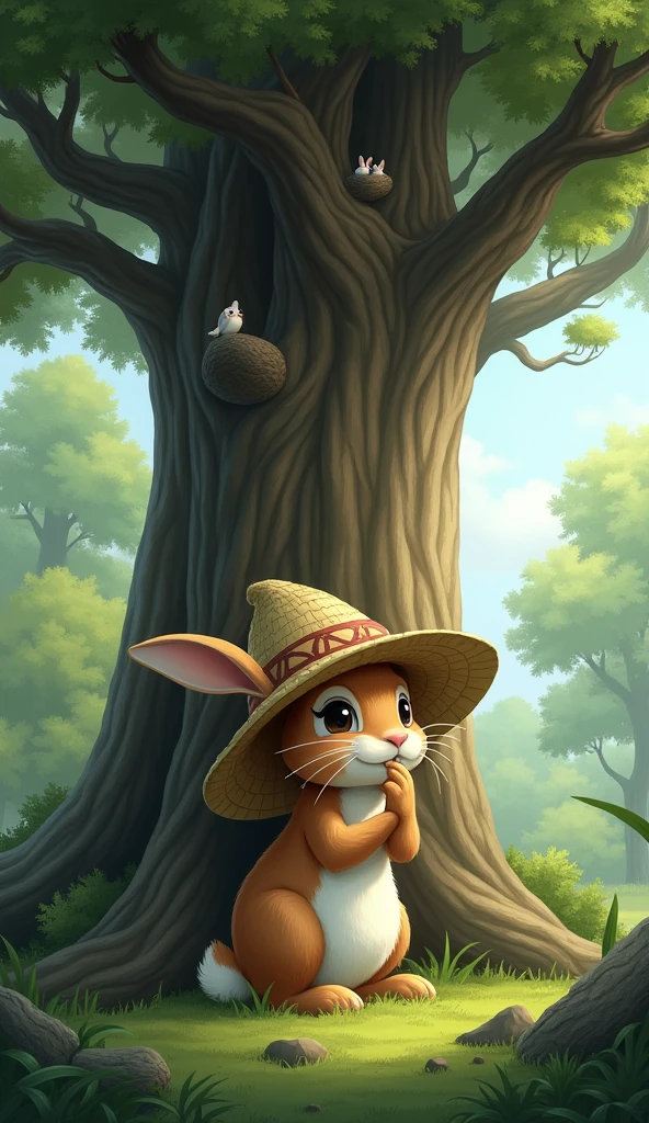 Same rabbit sitting under a large, ancient tree with a thick trunk ...