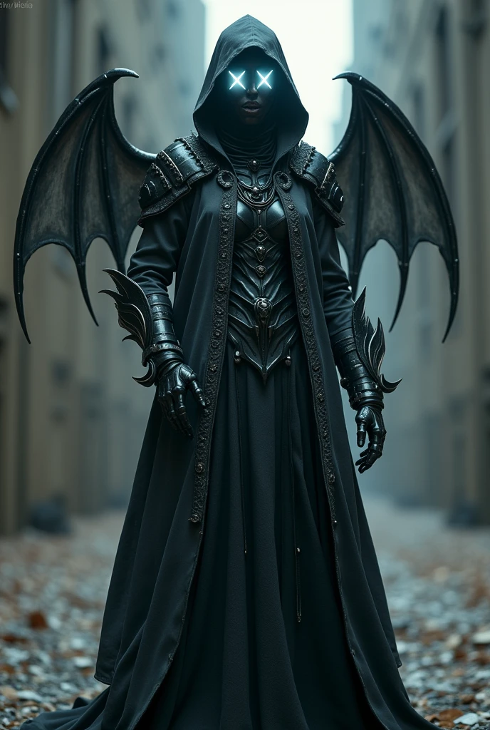 A lone, ethereal murder drone, , stands at attention, wearing a heavily ...