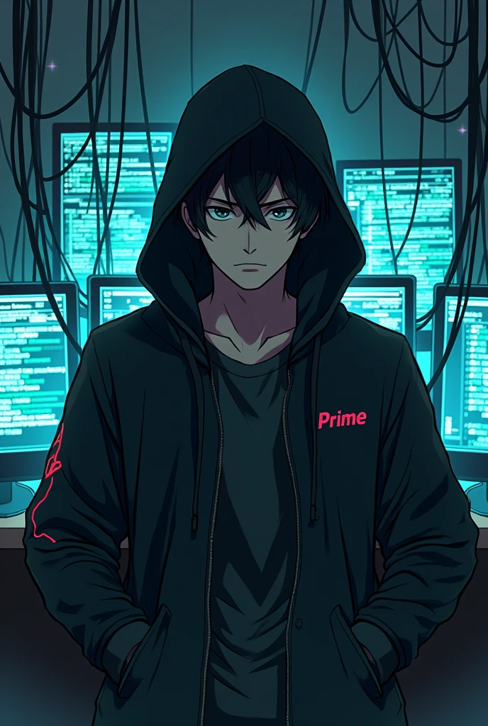 A mysterious hacker man in front of 5 computers with lots of cables ...