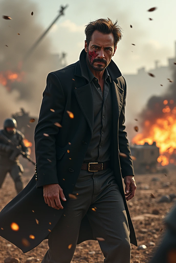 A wounded Tony Stark in a black coat amidst explosions, armored ...