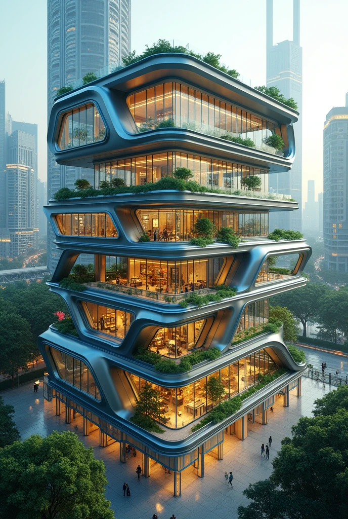 3-storey futuristic commercial building concept with bird's eye view ...