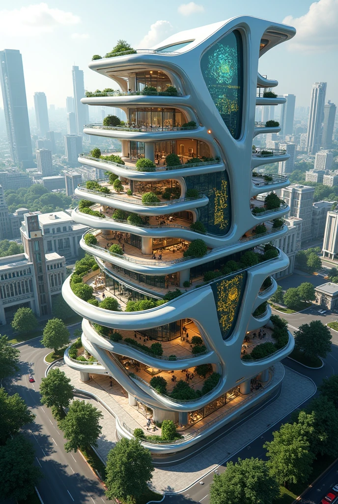 3-storey futuristic commercial building concept with bird's eye view ...