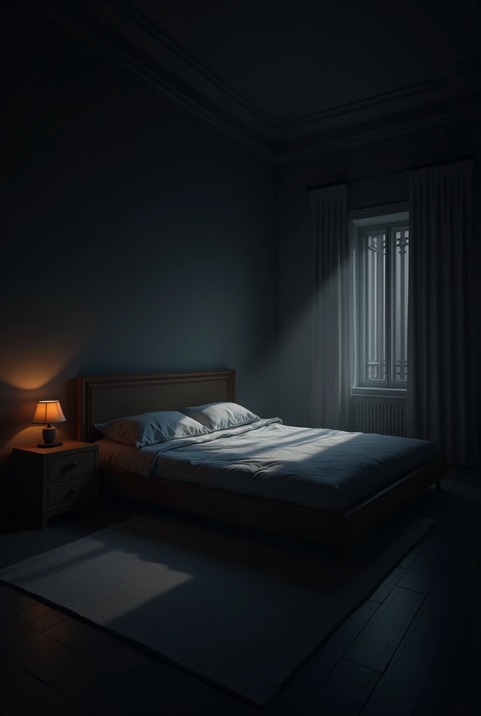 A dimly lit big bedroom and big bed with shadows cast by a single ...