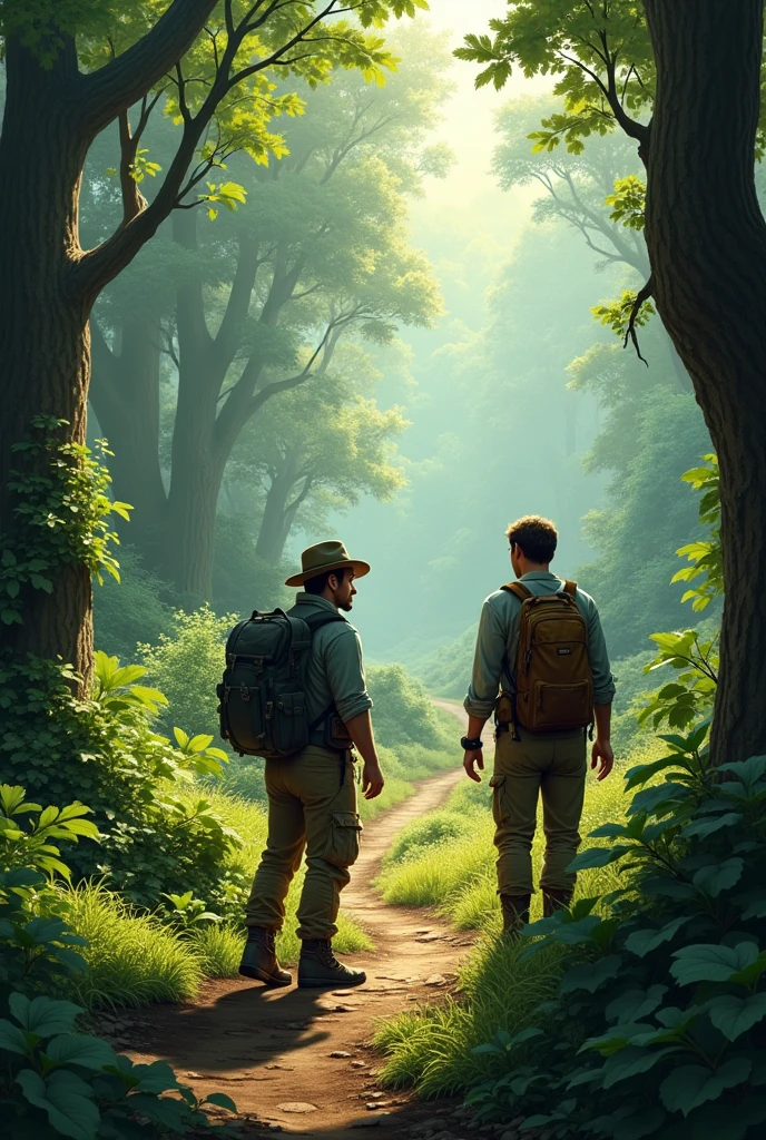 Two men taking in a forest - SeaArt AI
