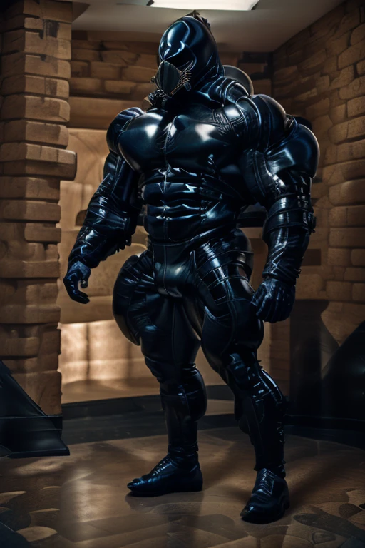 Huge muscular male wearing tight black latex suit and gasmask - SeaArt AI