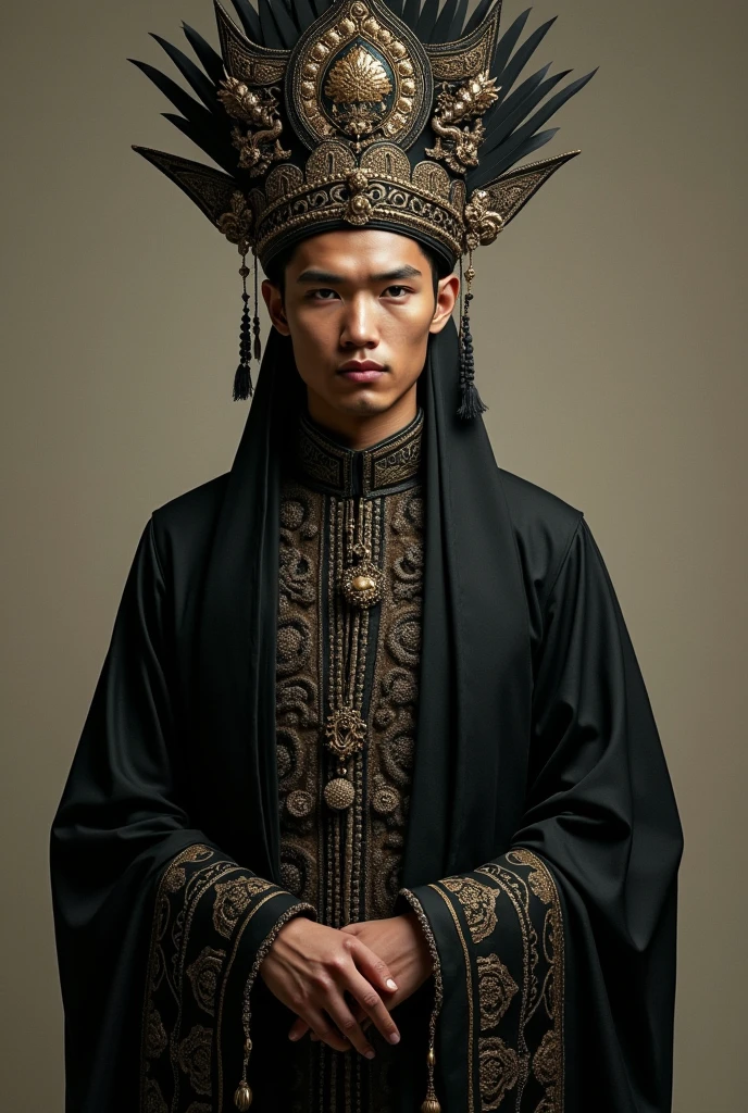 1pria, solo, portrait of a Javanese man wearing a blankon and a black ...