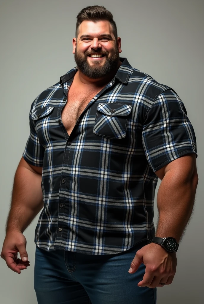 Tall strong burly big man dressed in a black blue and white plaid shirt ...