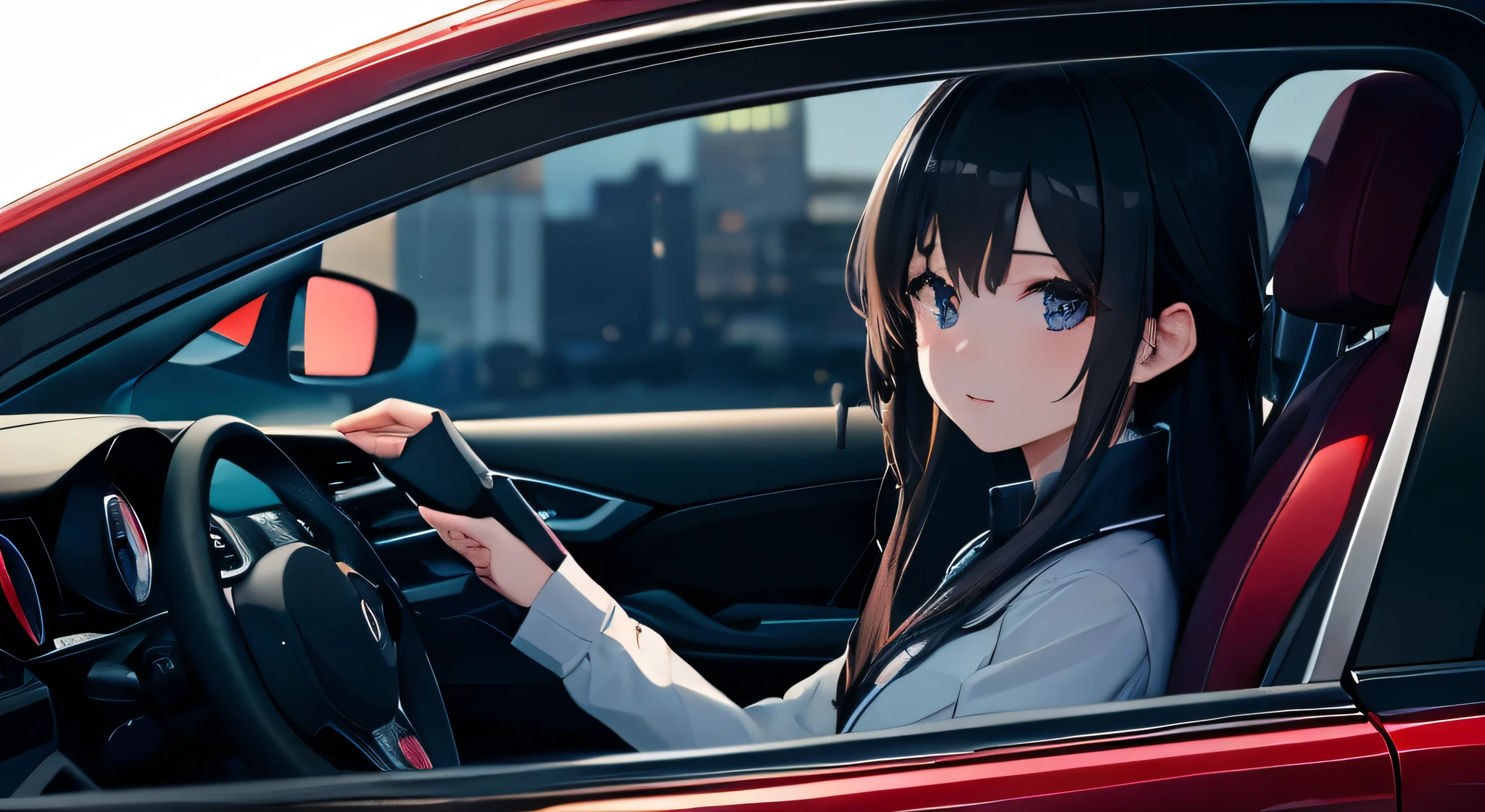Anime girl driving a car with a city in the background - SeaArt AI