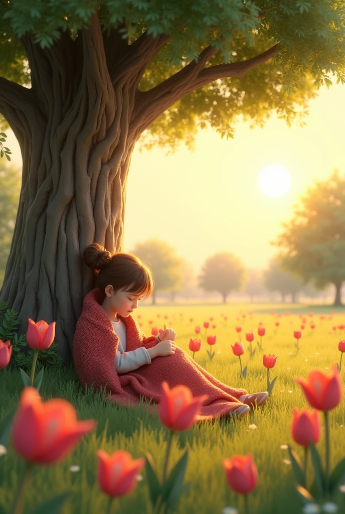A girl sitting under a bushy tree with a warm blanket surrounded by ...