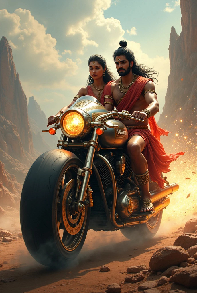 Ram and sita riding superbike, raavan is dragged - SeaArt AI