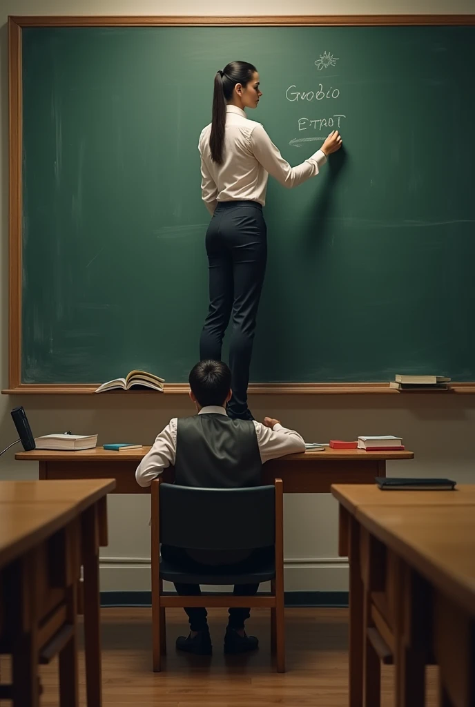 Create a picture of a beautiful teacher standing on the back of a student and wr - SeaArt AI