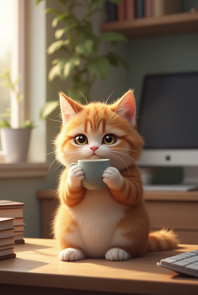 Cute, realistic cat drinking coffee in the office - SeaArt AI