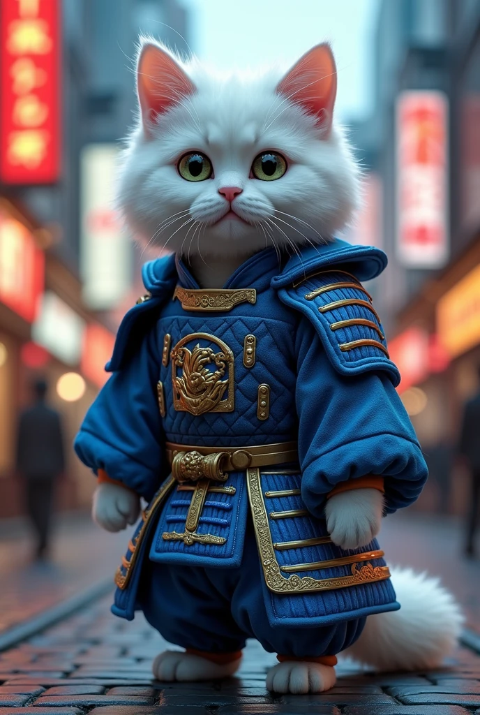White cat in blue samurai costume lighting in tokyo - SeaArt AI