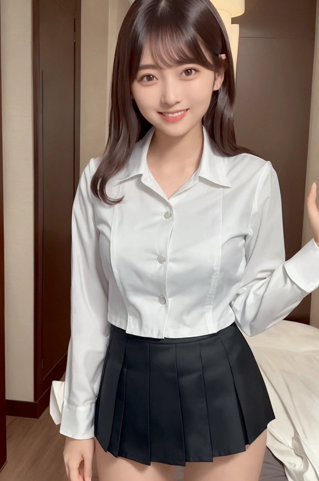 Smile Gravure idol pose Hotel bed uniform White shirt high resolution ...