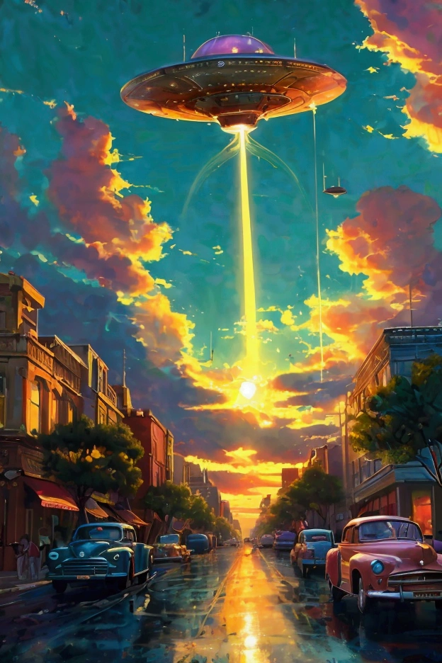 "A retro 1950s streetscape。A street lined with vintage cars and classic ...