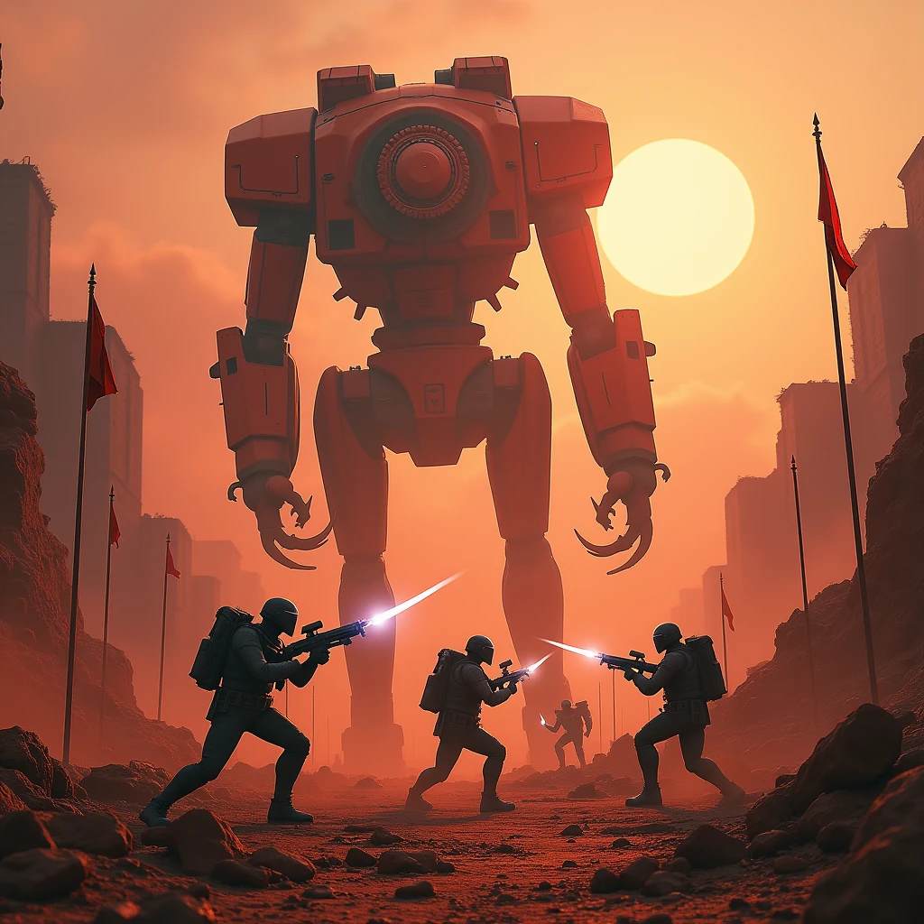 Cinematic scene,hyper-realistic, image of a ruined Martian city bathed ...